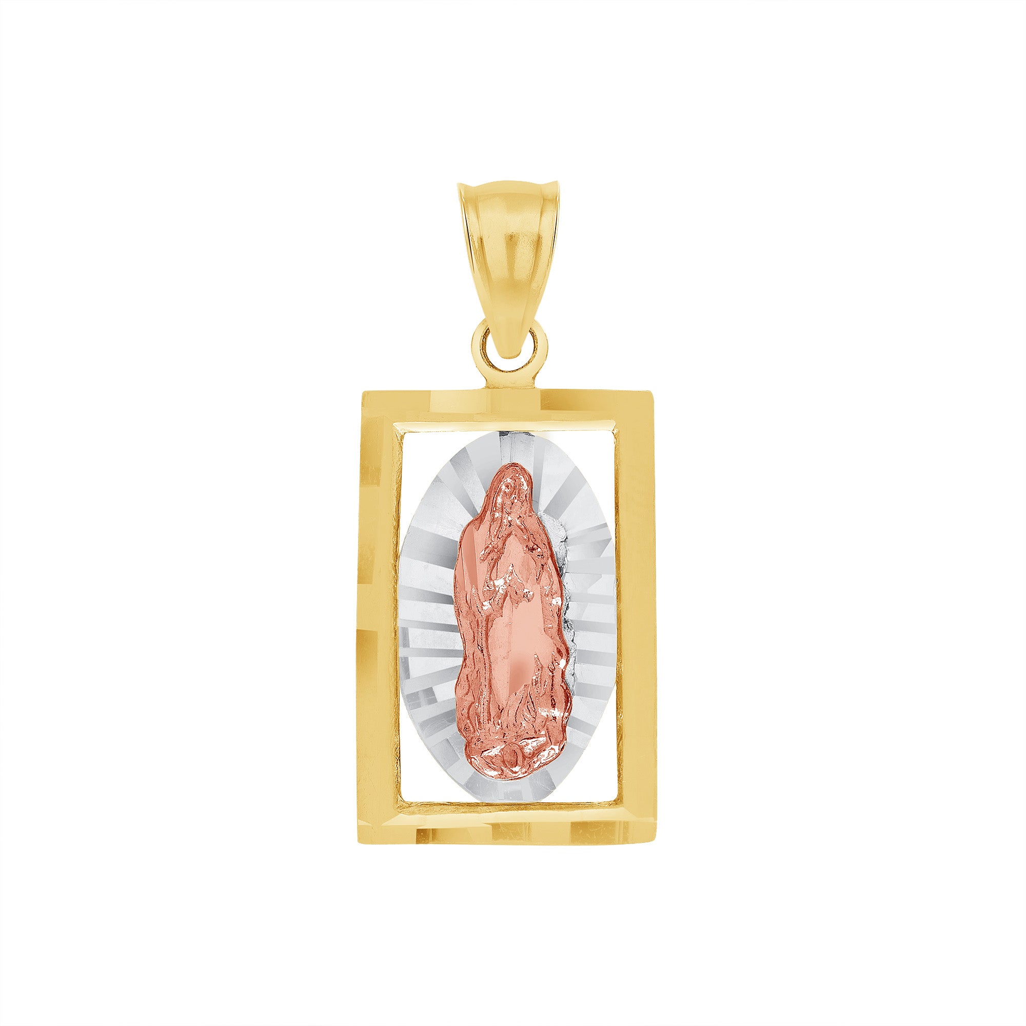 Virgin Mary Rectangular Shiny Border Tri-Tone Pendant – Oro One
