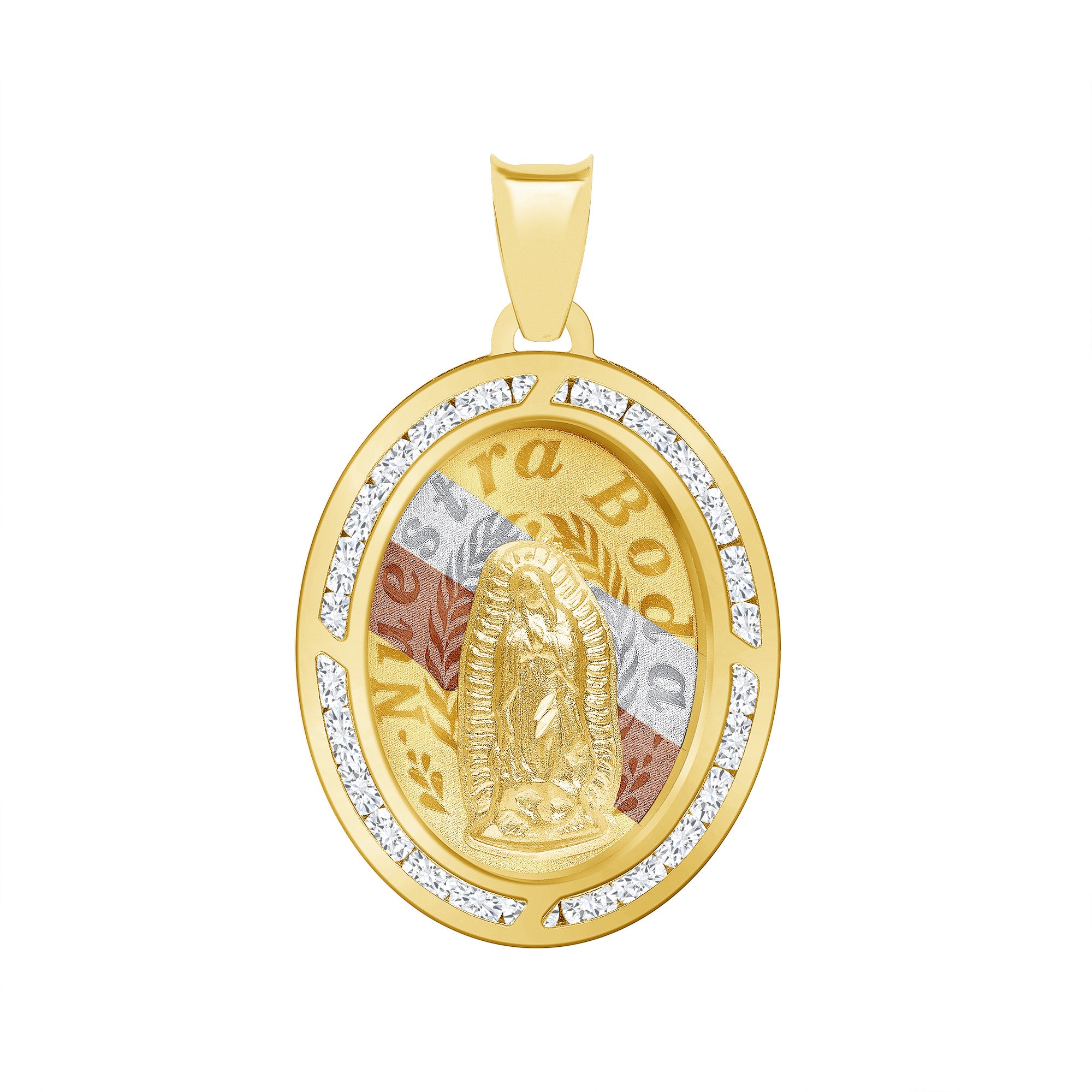 Virgin Mary of Guadalupe 'Nuestra Boda' Tri-Tone CZ Border Oval Pendan ...