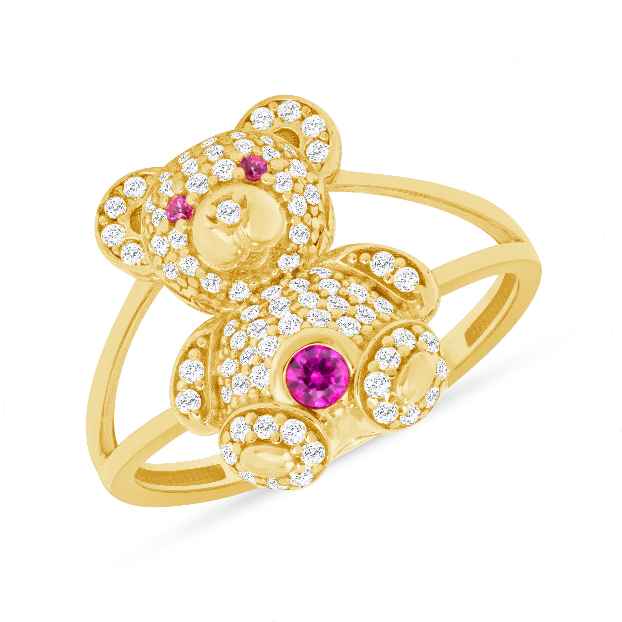 14K Tri-Tone With White CZ & Large Pink CZ Teddy Bear Ring – Oro One