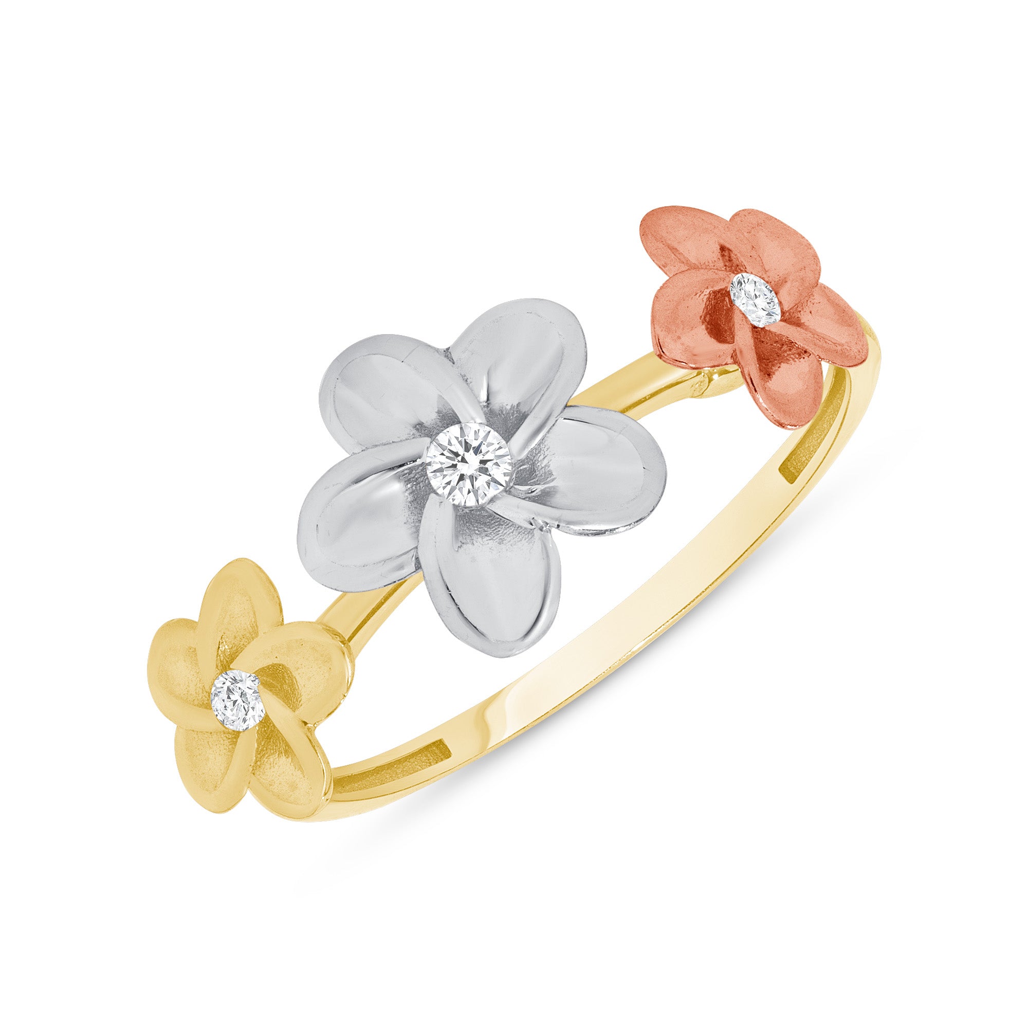 Tri-Color Plumeria One Large and Two Smaller 14K Ring – Oro One